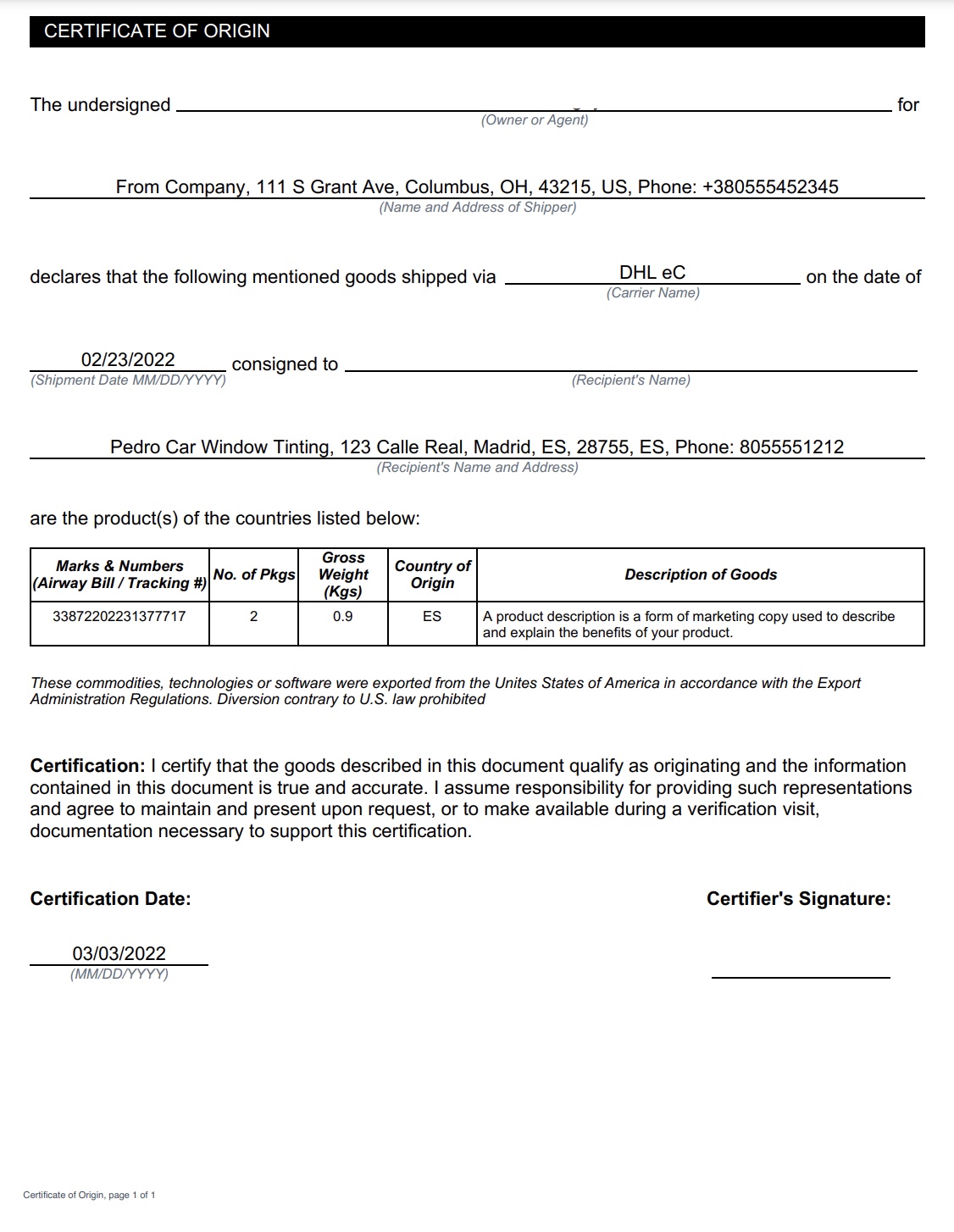 USMCA / Generic Certificate of Origin